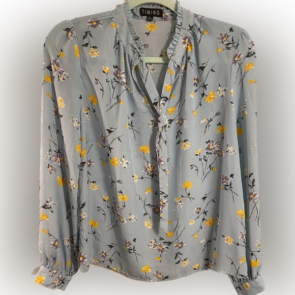 Timing | Tops | Timing Sheer Blouse Blue Floral With Tie Strings Size ...
